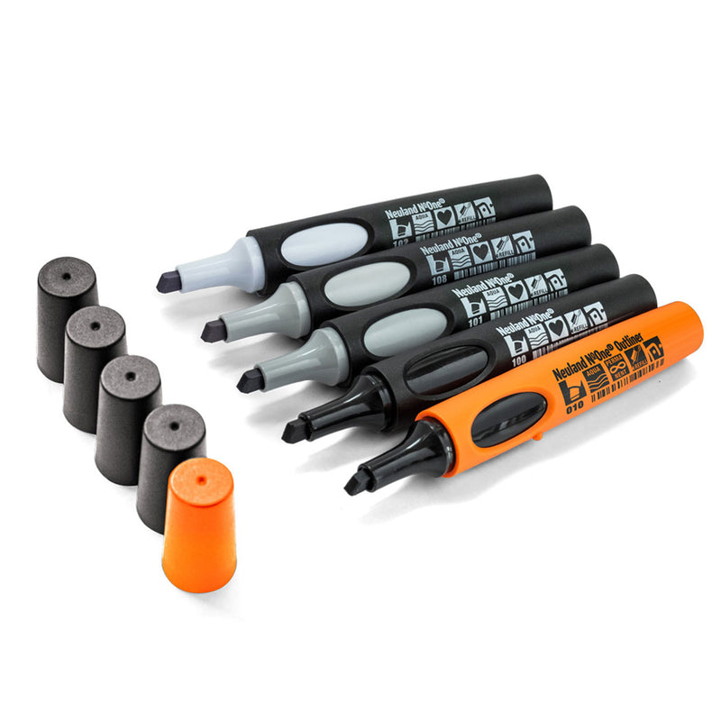 Neuland No.One®, wedge nib 2-6 mm, 5/color sets - 10 From grey to blac